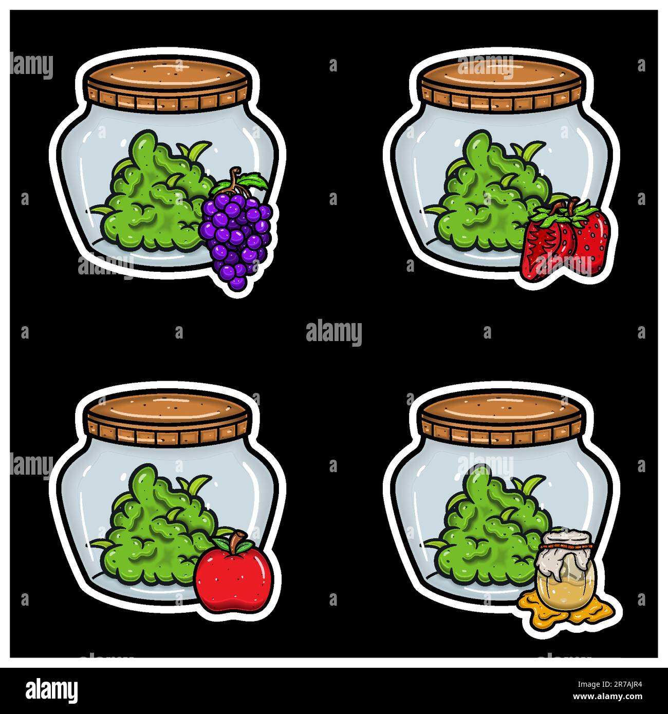 Grape, Strawberry, Honey and Apple Fruit Flavor. Set of Weed bud on Jar ...