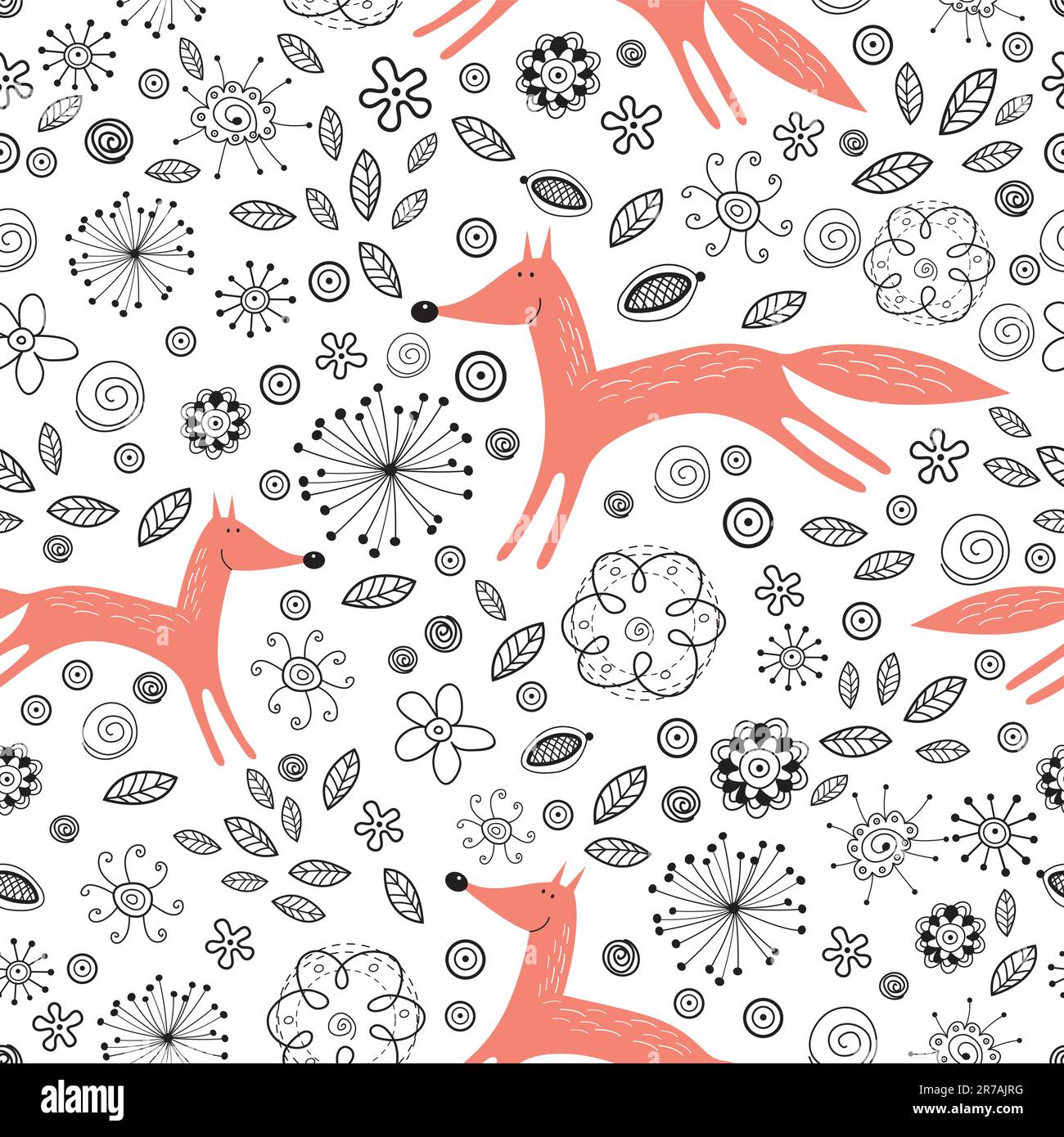 seamless graphic floral pattern with red foxes on a white background ...