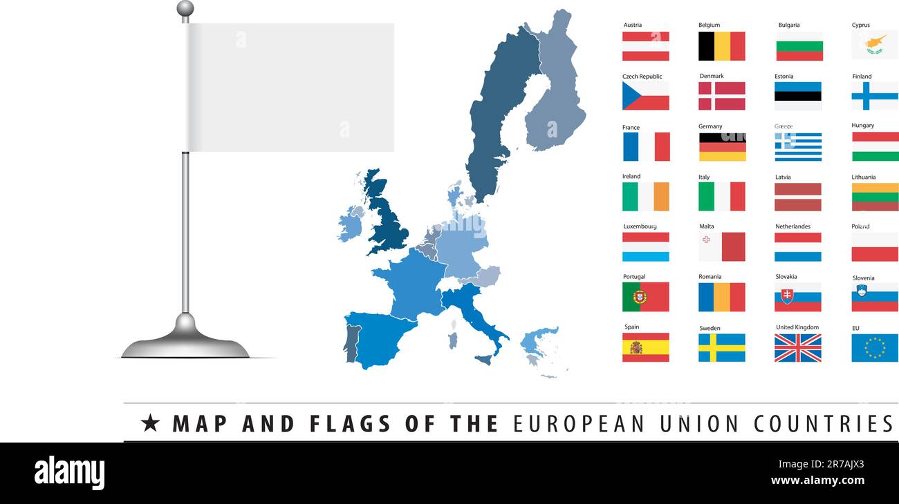 European Union Map and Flag vector illustration with empty blank flag ...
