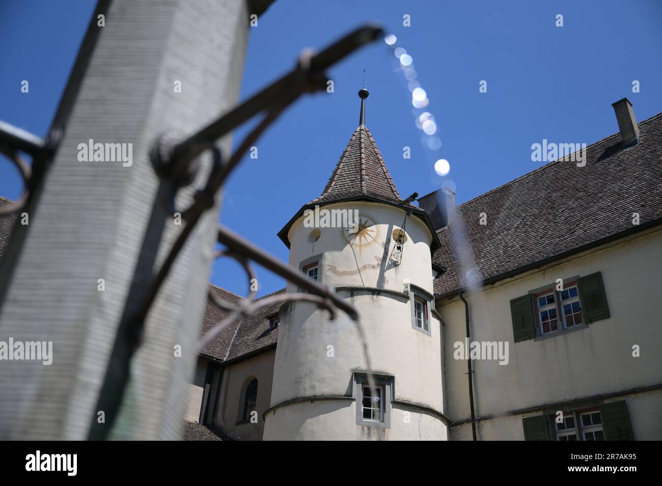 Insel Reichenau, Germany. 14th June, 2023. A fountain flows in the ...