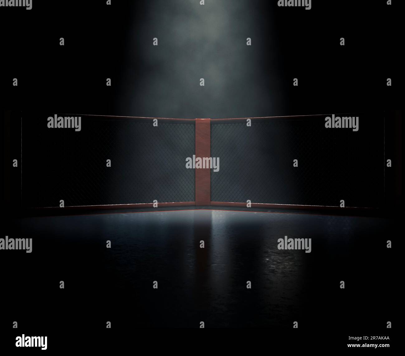A dimly spotlit section of a mma octagon ring surrounded by wire mesh ...