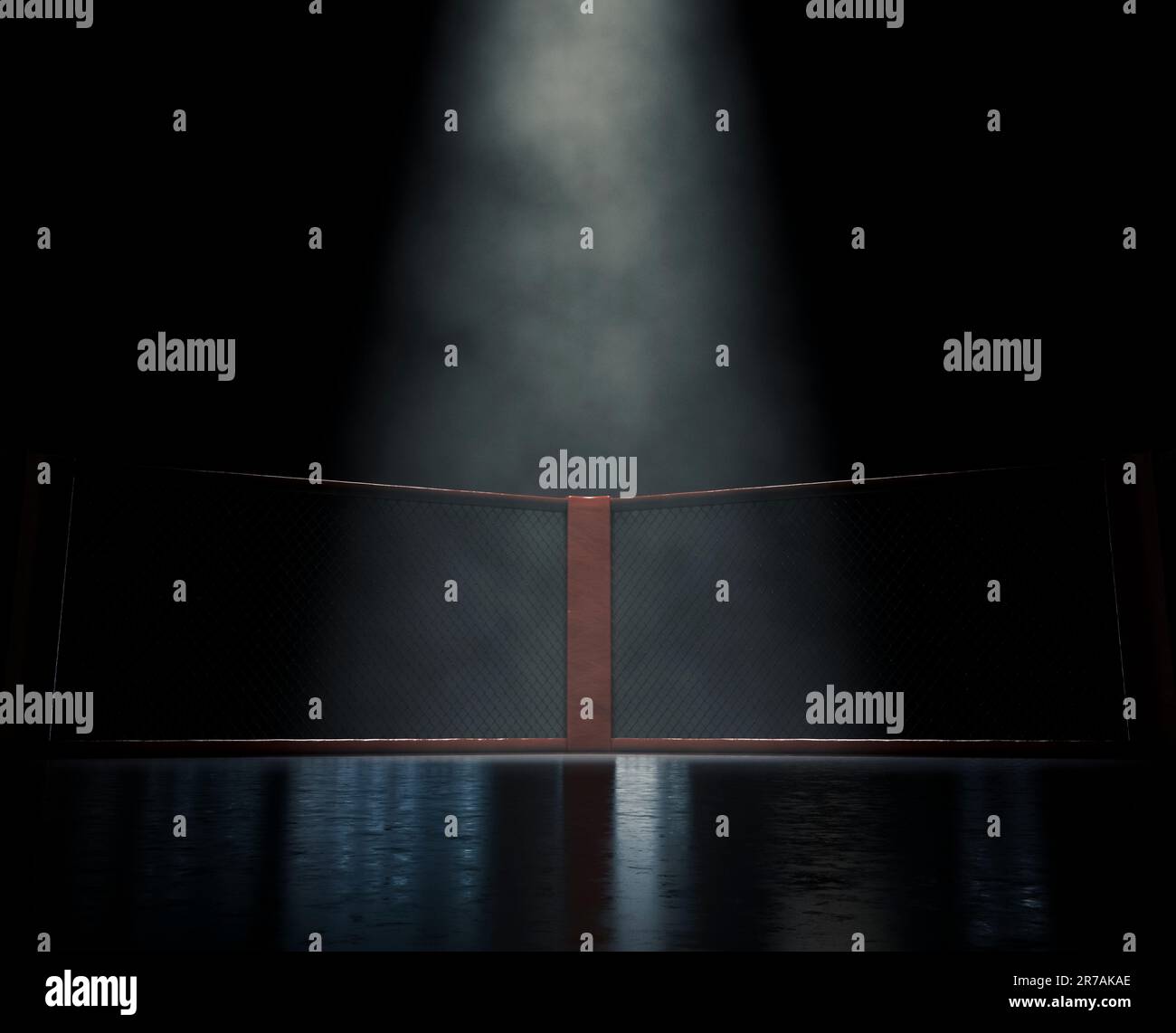 A dimly spotlit section of a mma octagon ring surrounded by wire mesh ...