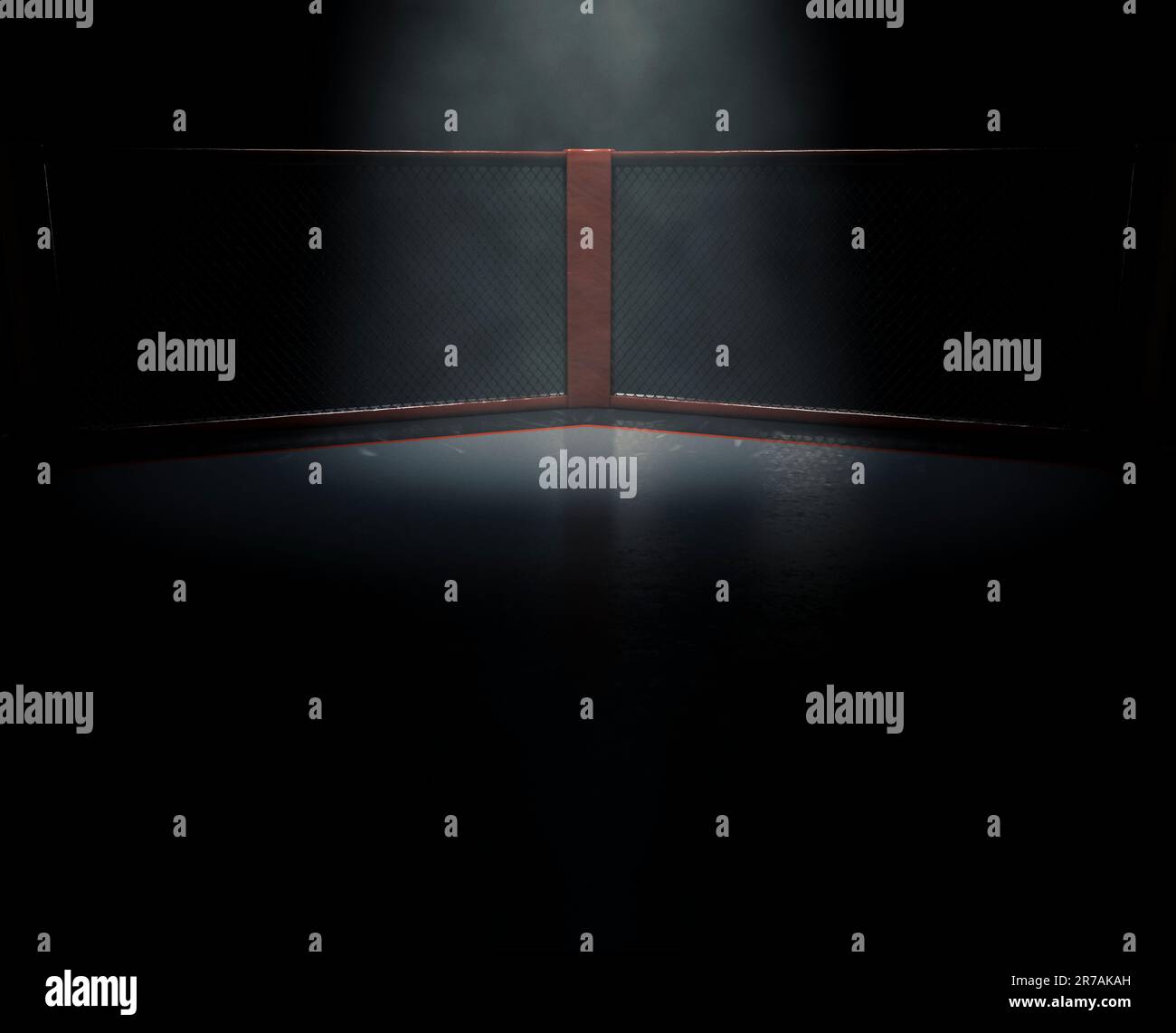 A dimly spotlit section of a mma octagon ring surrounded by wire mesh ...