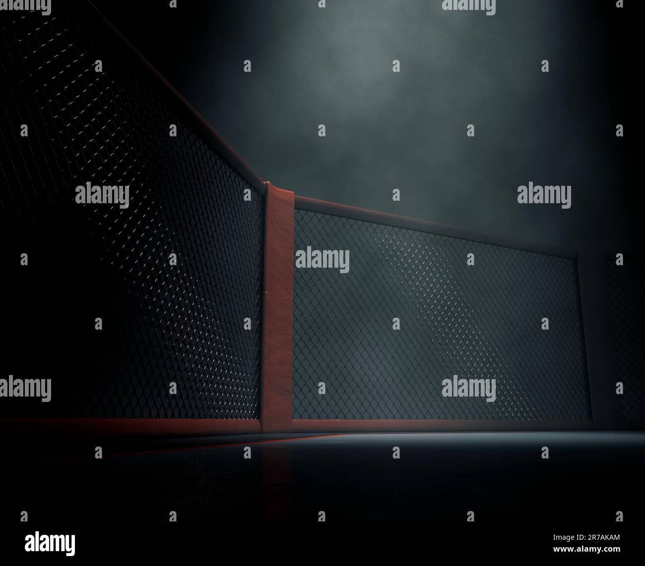 A dimly spotlit section of a mma octagon ring surrounded by wire mesh ...