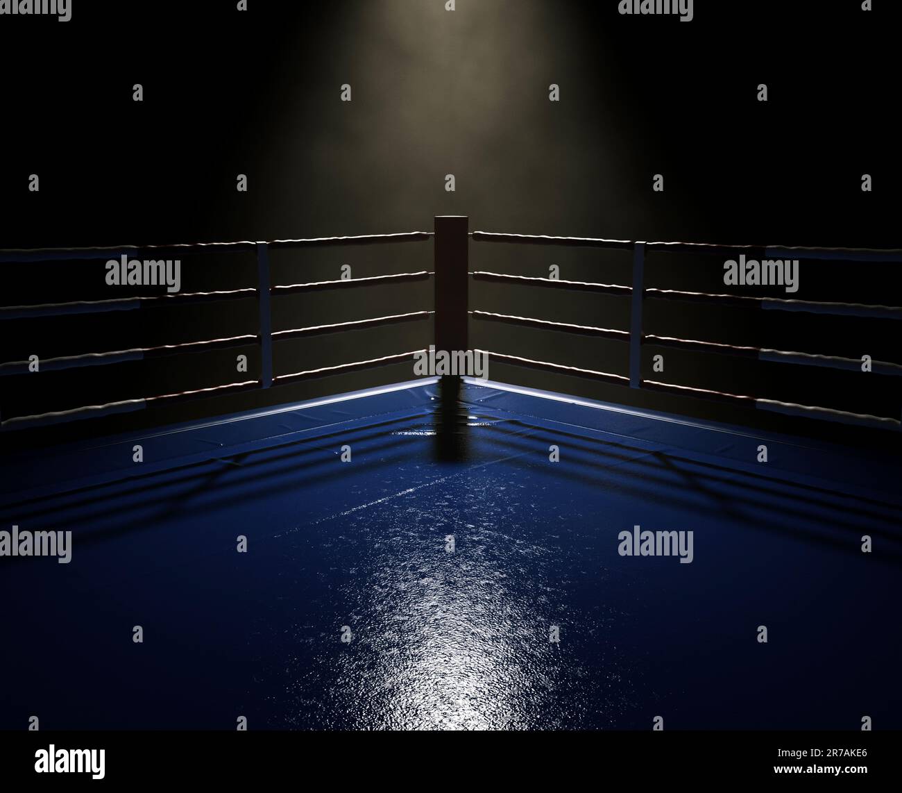 A dimly spotlit corner of a boxing ring surrounded by ropes on a dark ...