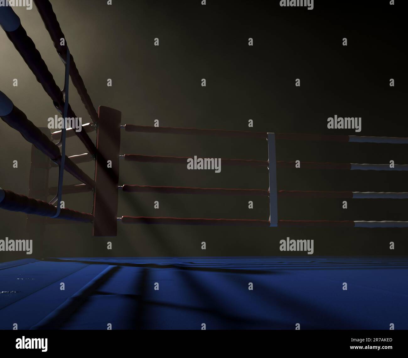 A dimly spotlit corner of a boxing ring surrounded by ropes on a dark ...