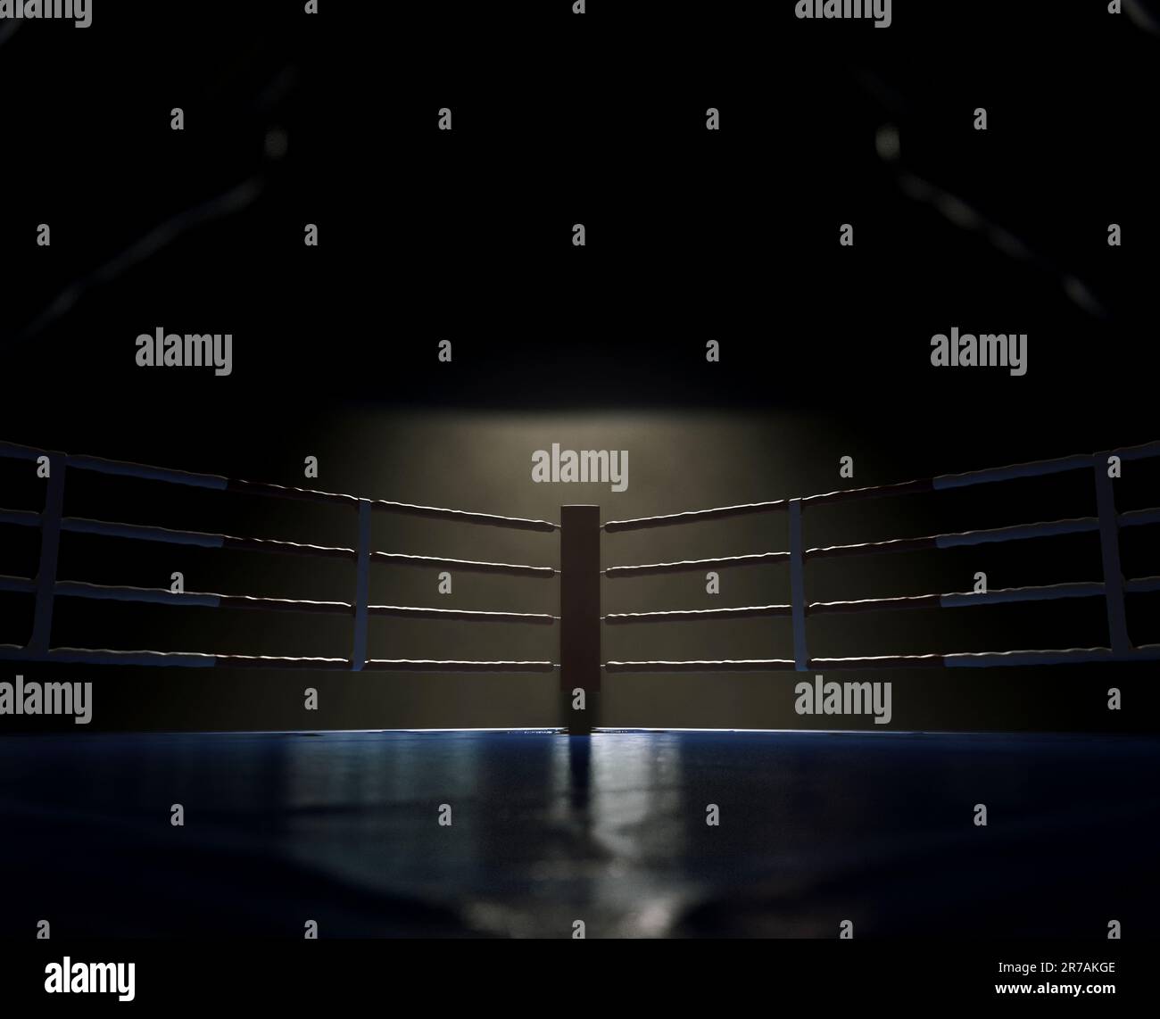 A dimly spotlit corner of a boxing ring surrounded by ropes on a dark ...