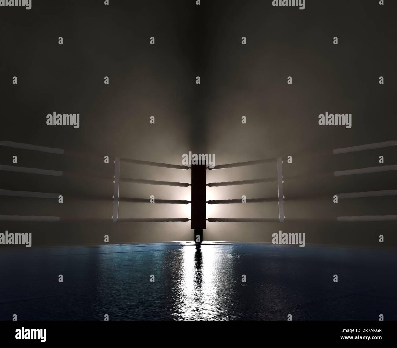 A corner of a boxing ring brightly backlit by a spotlight surrounded by ...