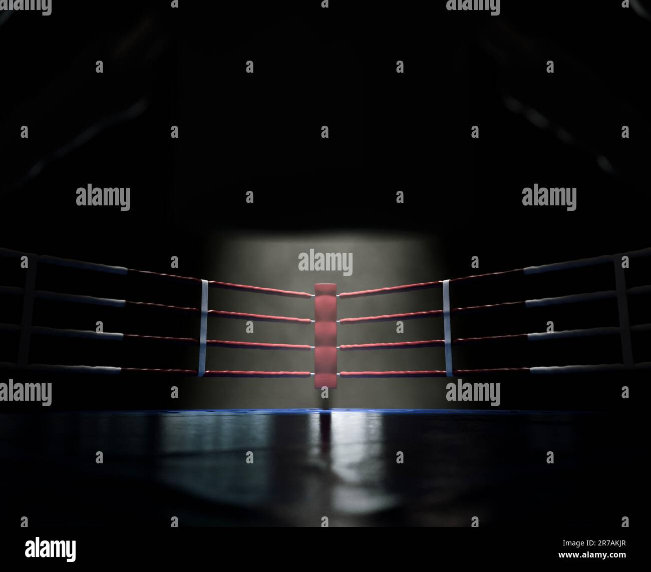 A dimly spotlit corner of a boxing ring surrounded by ropes on a dark ...