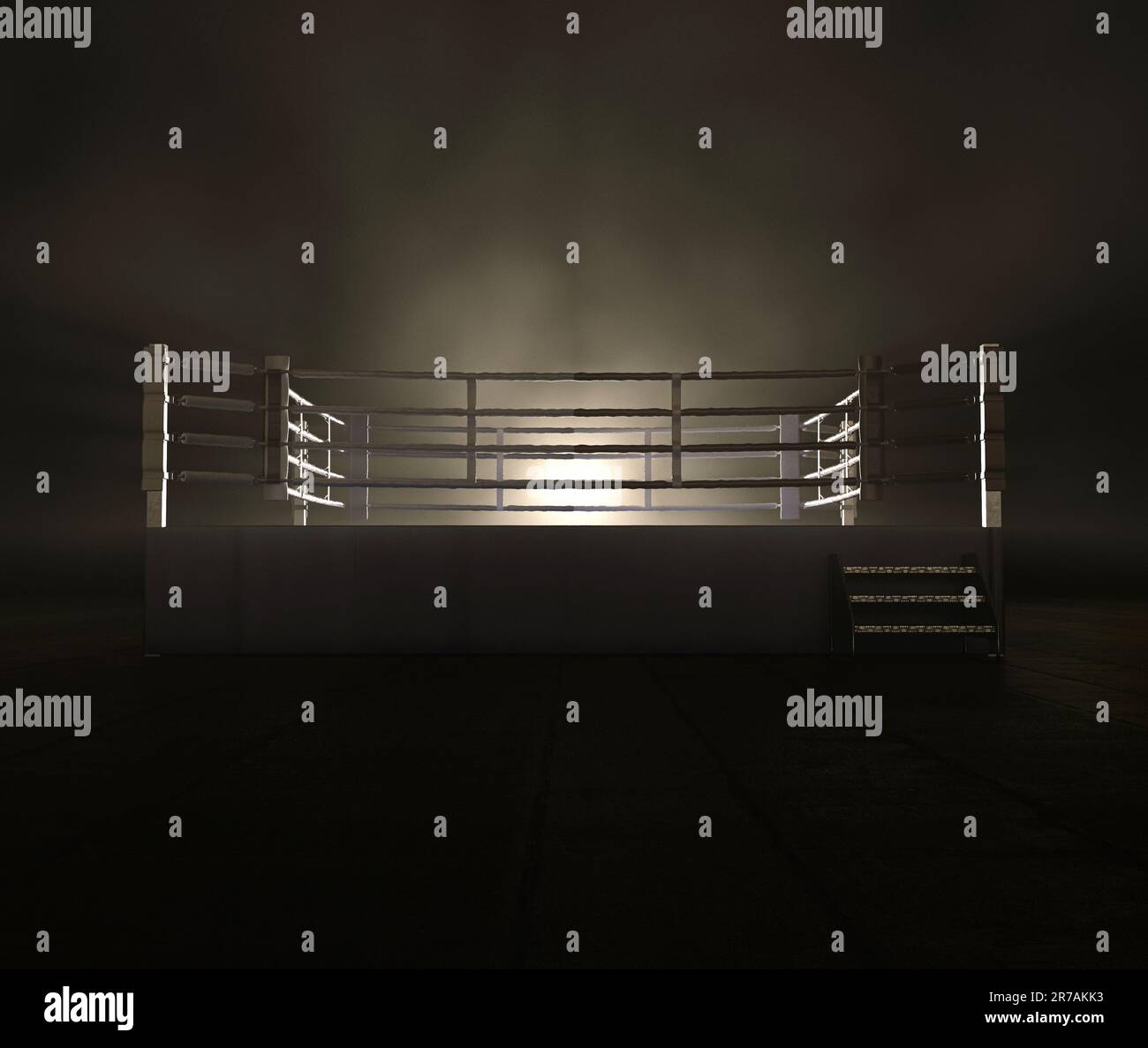 A modern boxing ring with opposing blue and red corners backlit by a ...