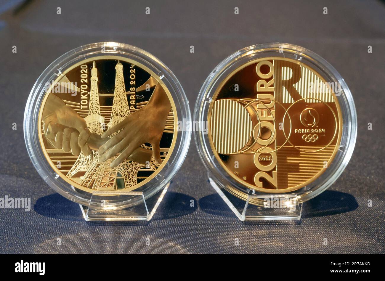 Photo taken on June 14, 2023, shows each side of a 200 euro coin ...