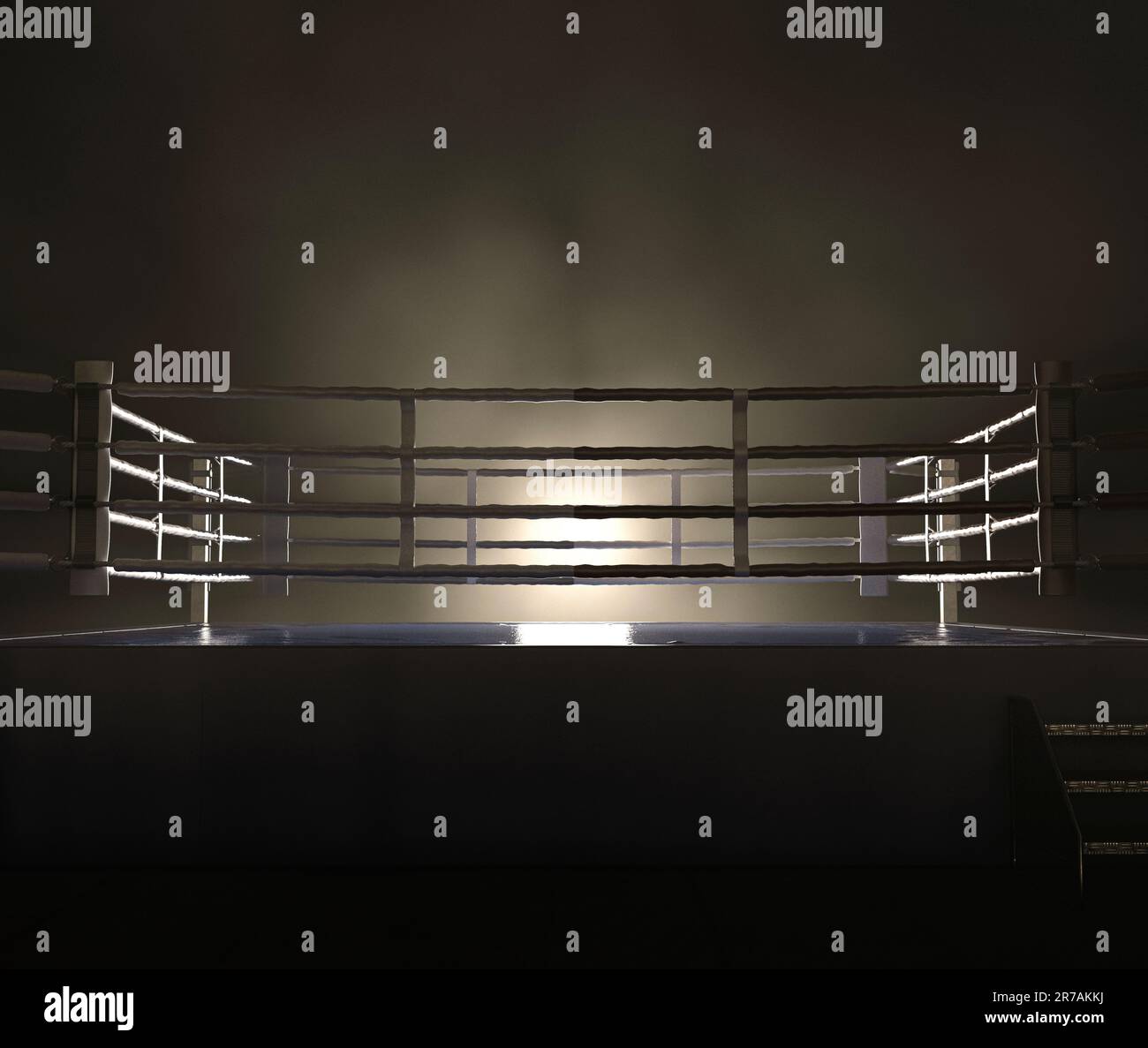 A modern boxing ring with opposing blue and red corners backlit by a ...