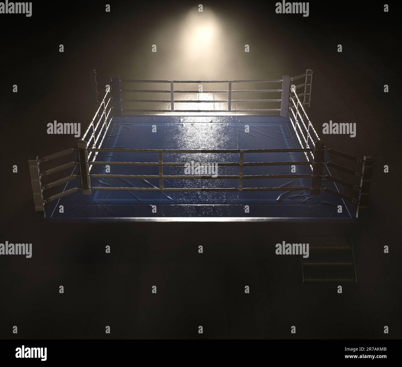 A modern boxing ring with opposing blue and red corners backlit by a ...