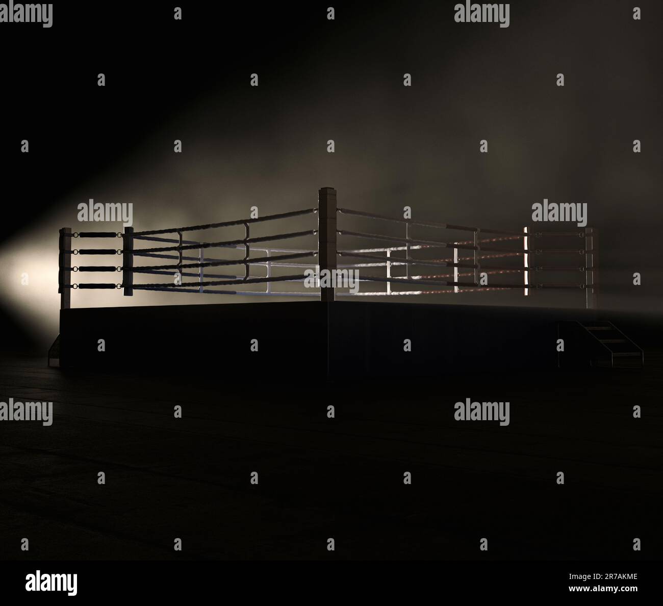 A modern boxing ring with opposing blue and red corners backlit by a ...