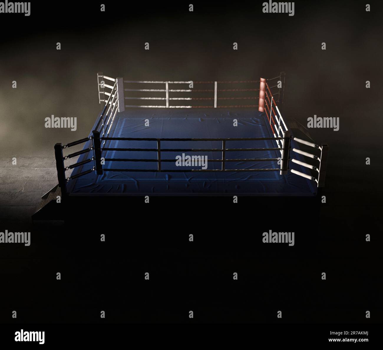 A modern boxing ring with opposing blue and red corners backlit by a ...