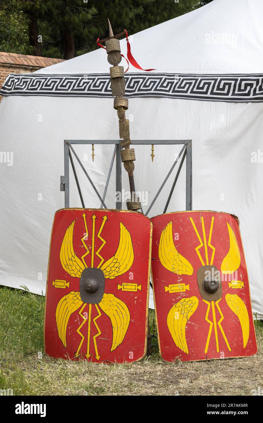 outdoor scene in vertical view of a banner and two curved rectangular ...