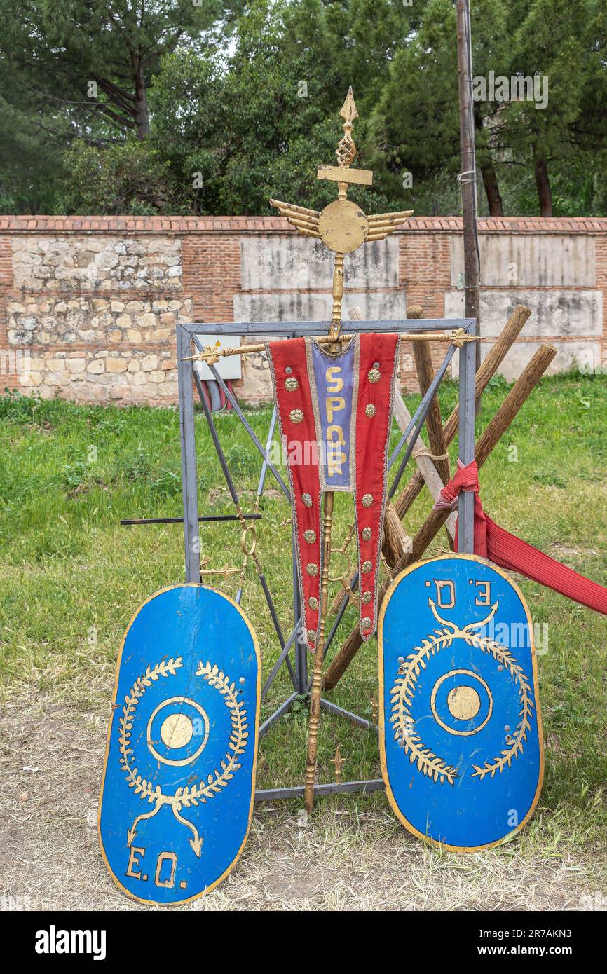 outdoor scene in vertical view of a banner and two blue color oval ...