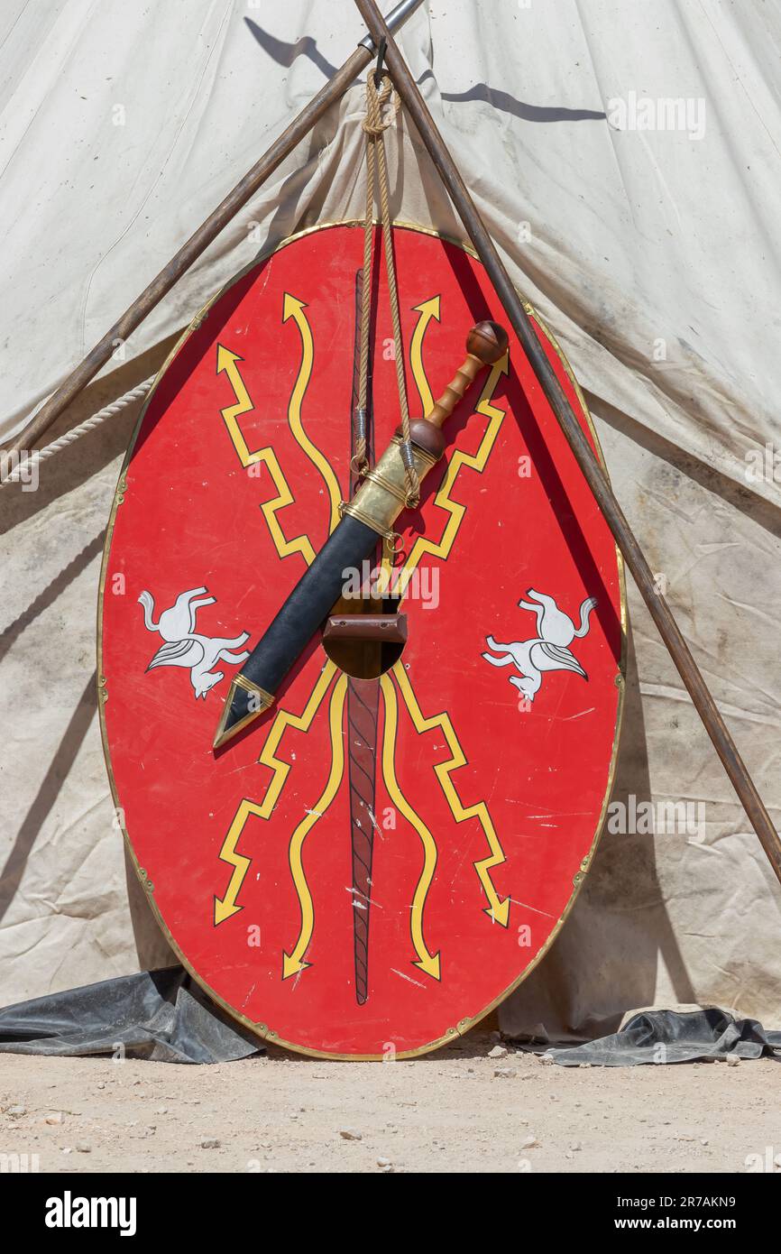 close up in vertical view of a red color oval shield and sword of the ...