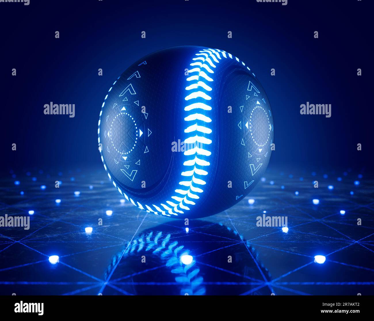 A sports concept of a futuristic baseball ball lit with neon markings ...