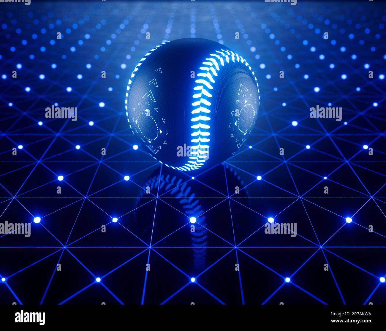 A sports concept of a futuristic baseball ball lit with neon markings ...