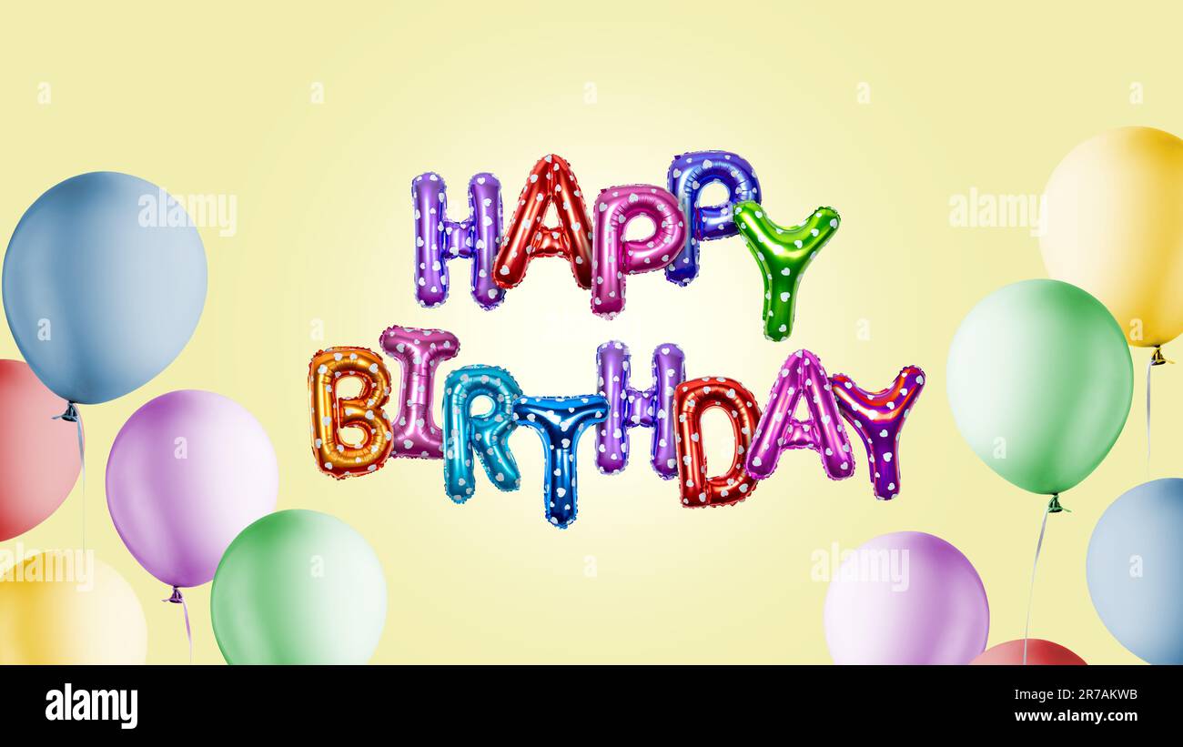 Colored birthday balloons with happy birthday greetings on bright ...