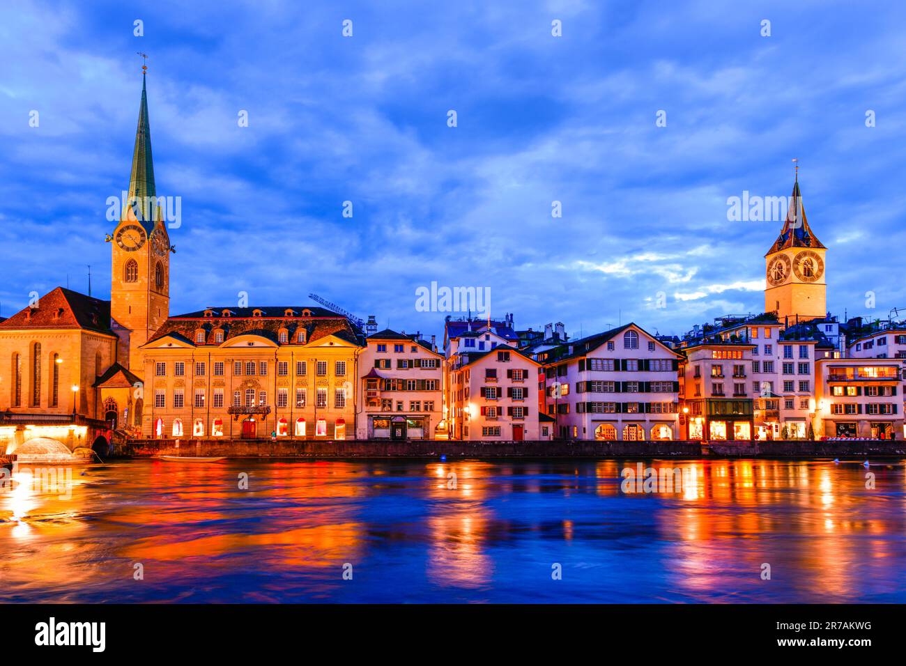 Beautiful night view of historic city center of Zurich, Switzerland ...