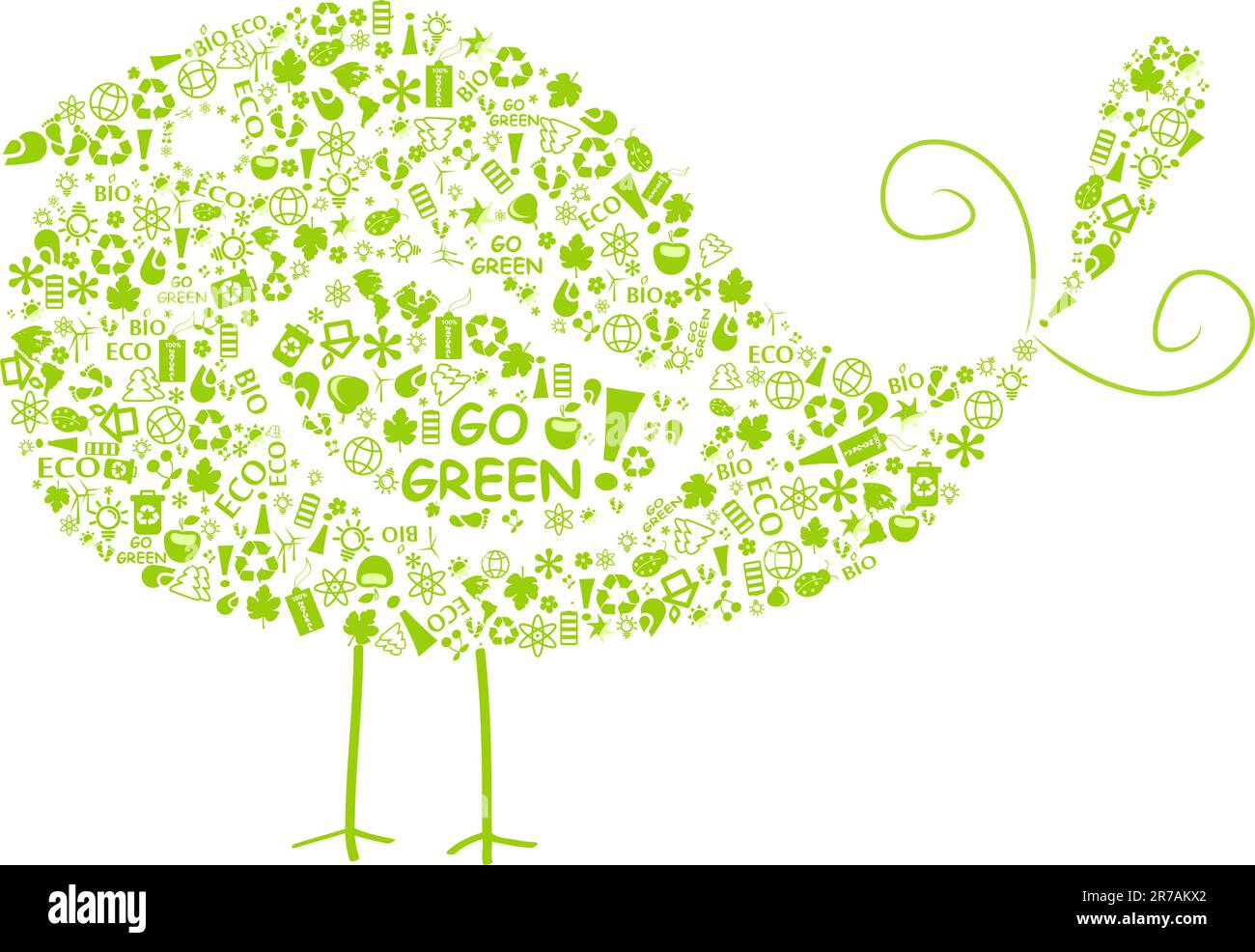 bird silhouette filled with go green eco signs on white backdrop - bulb ...