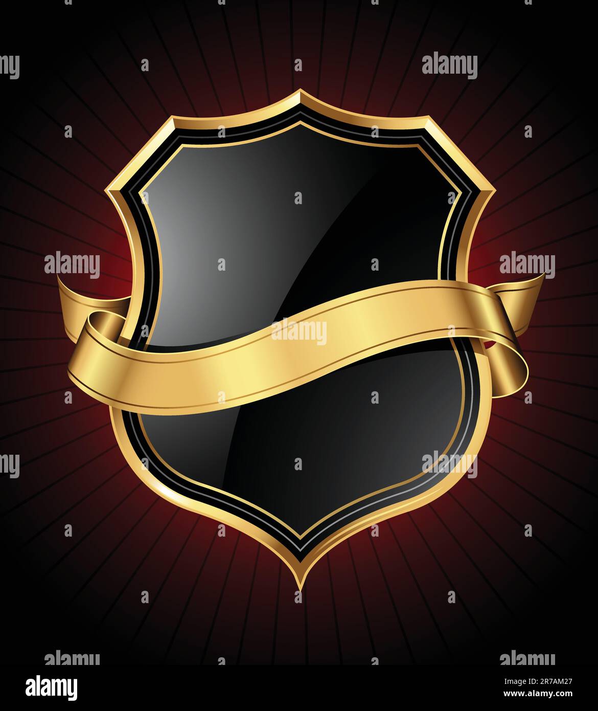 Black shield with a golden frame and a gold ribbon for your message ...