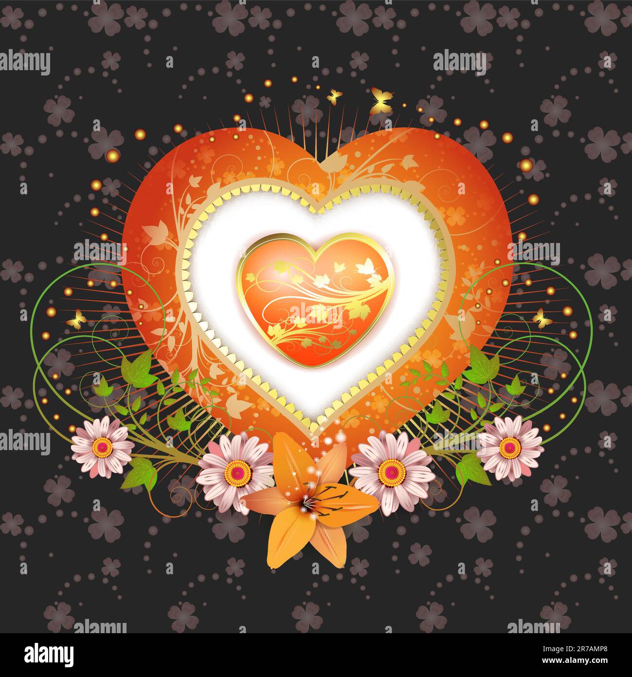 Floral frame with shape heart, lily and gold decoration for Valentine's ...