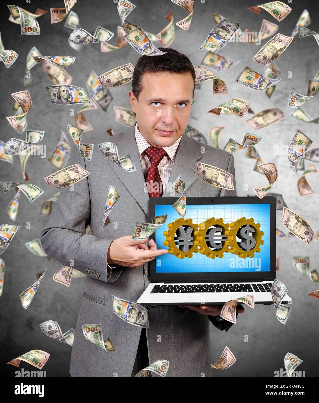 businessman points a finger at laptop monitor on which a yes diagram ...