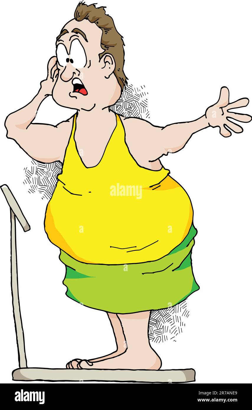 Cartoon illustration of a man shocked at his weight on the scale Stock ...