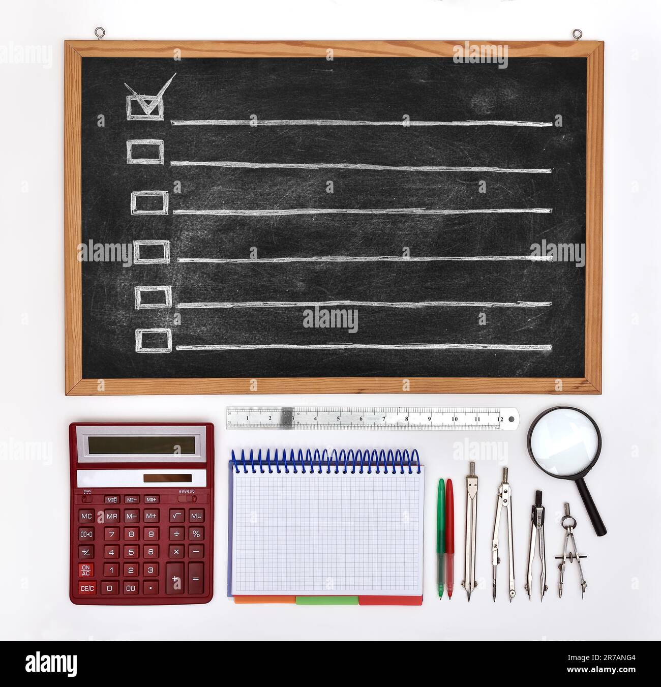 chalk board with drawing checklist and business elements Stock Photo ...