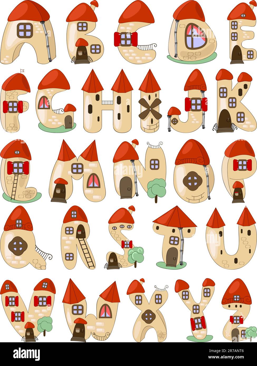vector cartoon latin alphabet, each letter is a unique medieval house ...