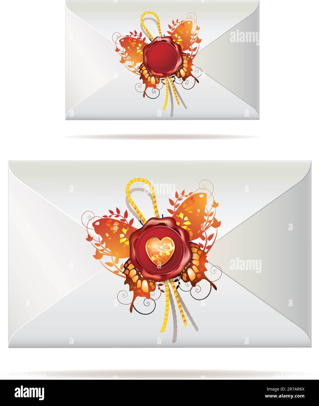 Back of envelope with seal and butterfly isolated on white background ...