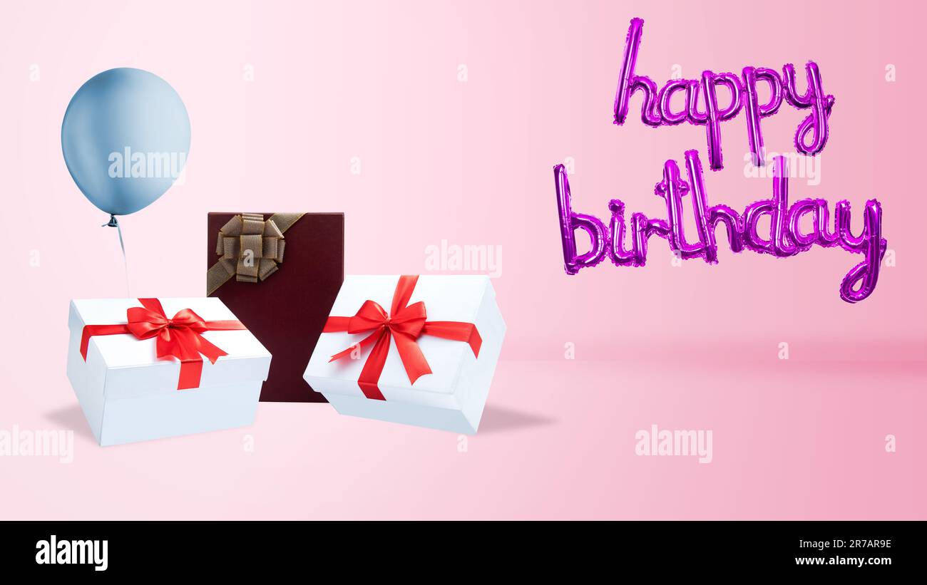 Colored birthday balloons and gift boxes on bright backgrounds. The ...