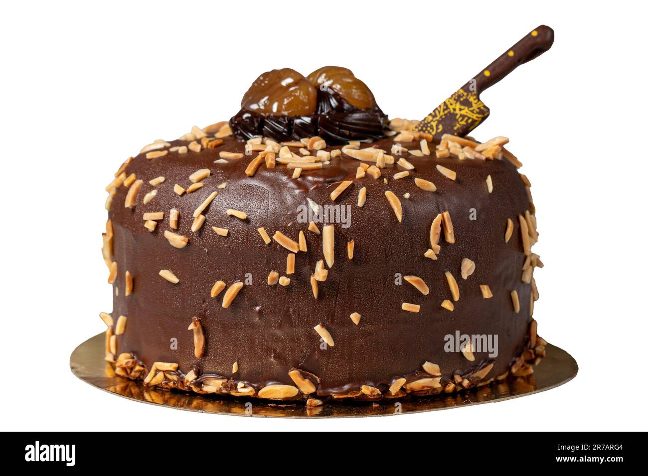 Chestnut and chocolate birthday cream cake isolated on white background ...