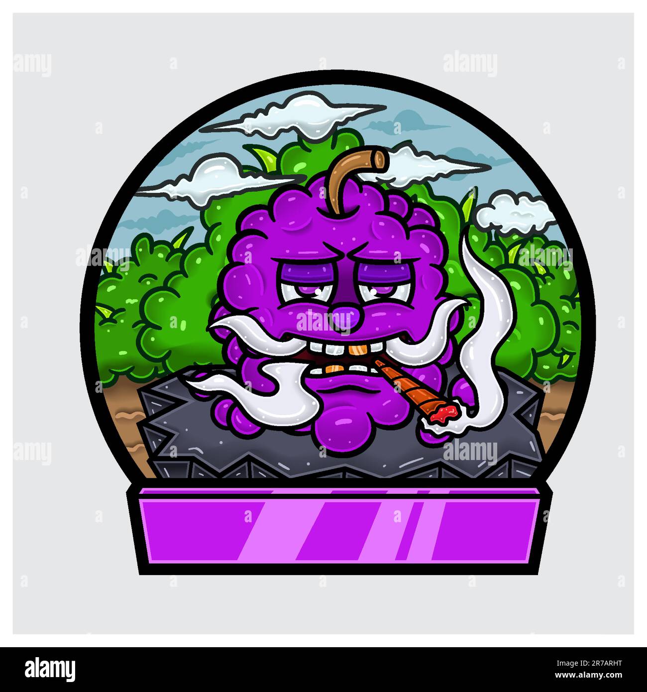 Grape Fruit Cartoon Character Do Smoking In Jungle. Blank Sign and ...