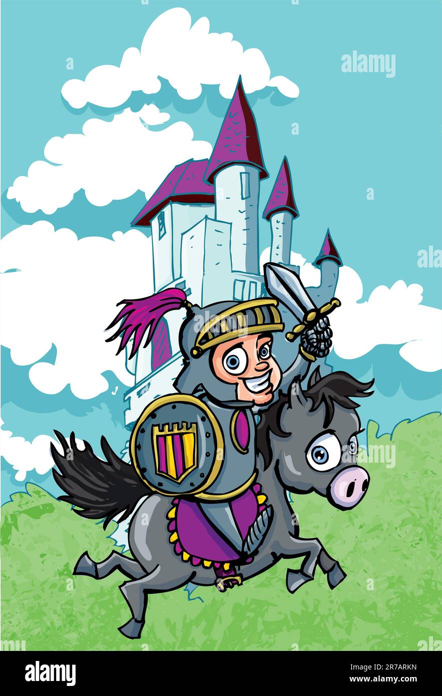 Cute cartoon knight on a horse. A castle in the back ground Stock ...