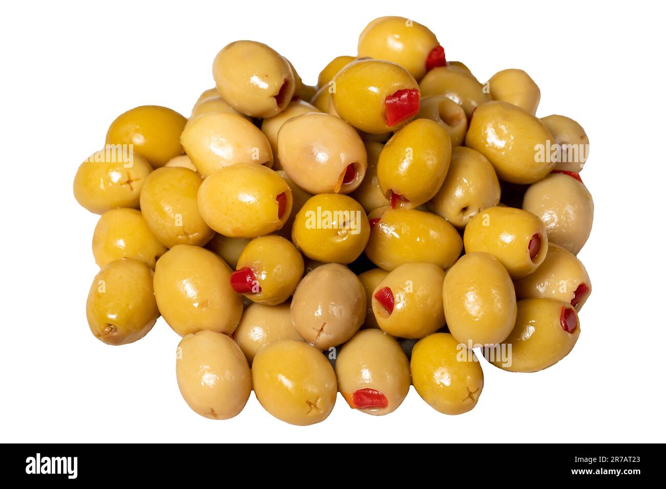 Stuffed olives. Green olives stuffed with dry peppers isolated on white ...