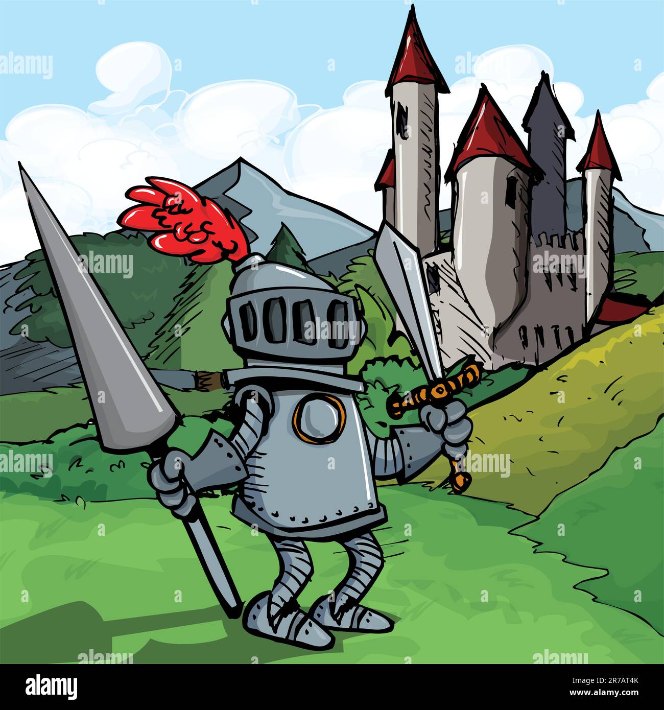 Cartoon knight in armour with a spear. He is in a field in front of a ...