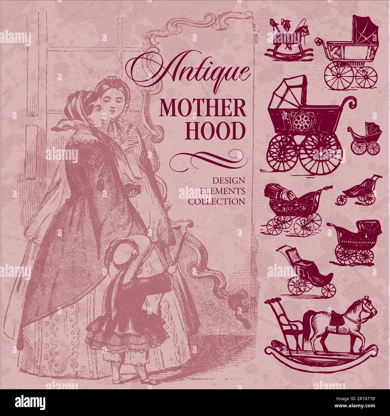 set of antique motherhood related design elements and illustrations ...