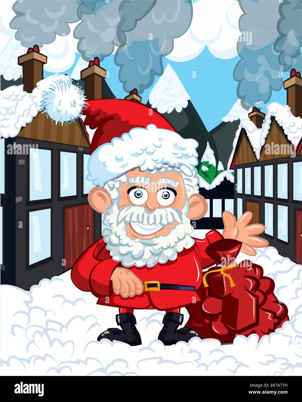 Cartoon Santa Clause with a bag in a snowy town street Stock Vector ...