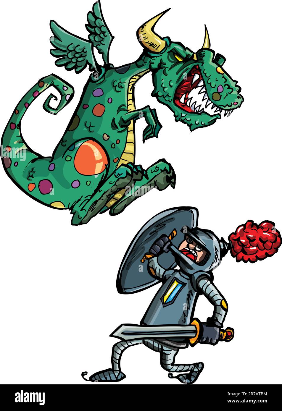 Cartoon of dragon attacking a knight. Isolated on white Stock Vector ...