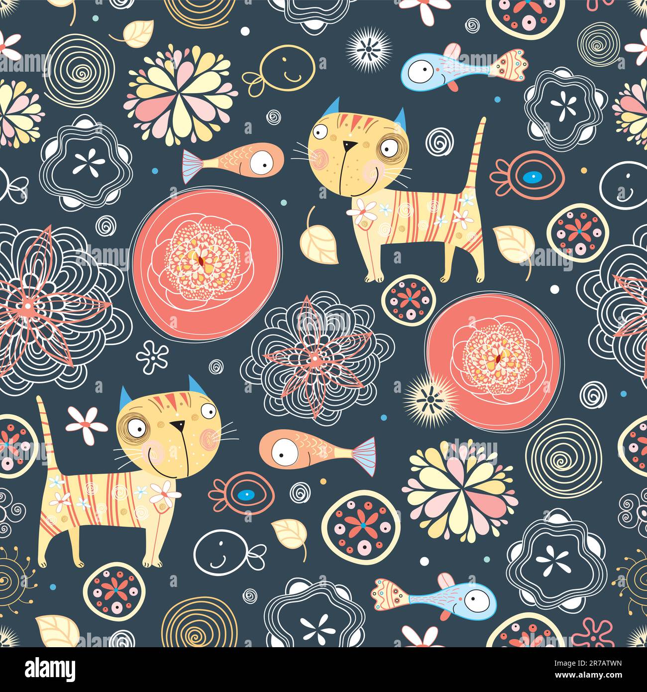 seamless floral pattern of bright orange cats and fish on a dark ...