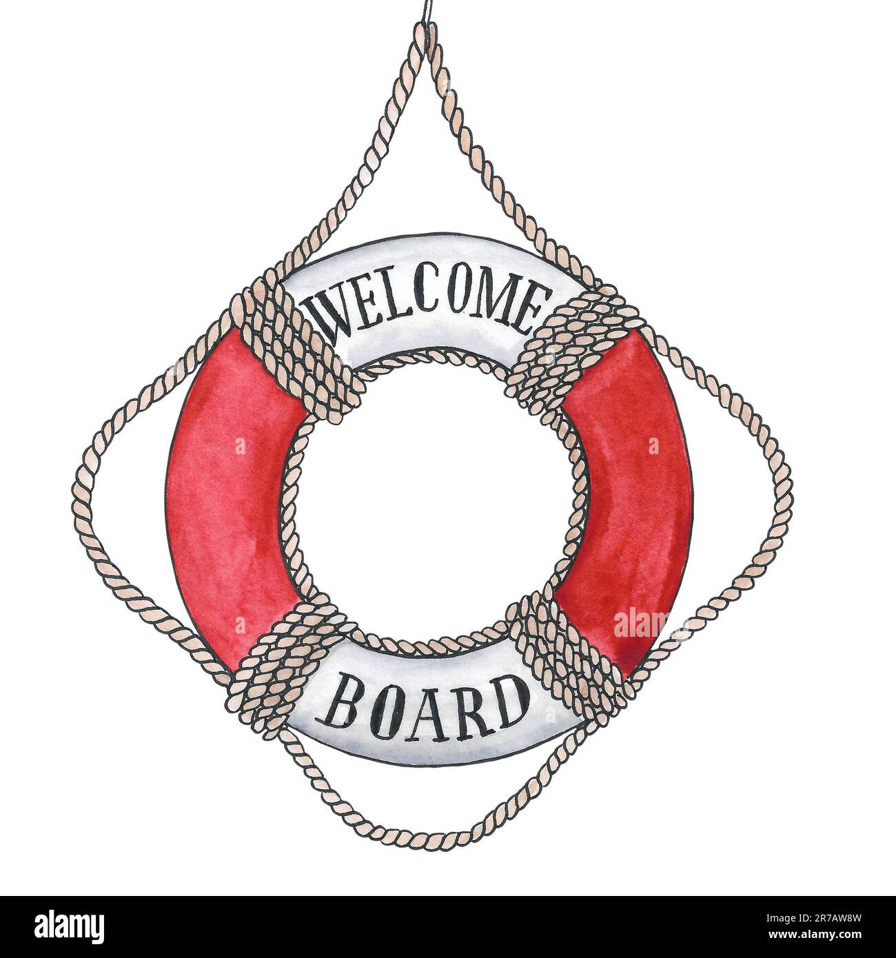 Watercolor illustration of life-ring. lifebuoy with rope isolated on ...