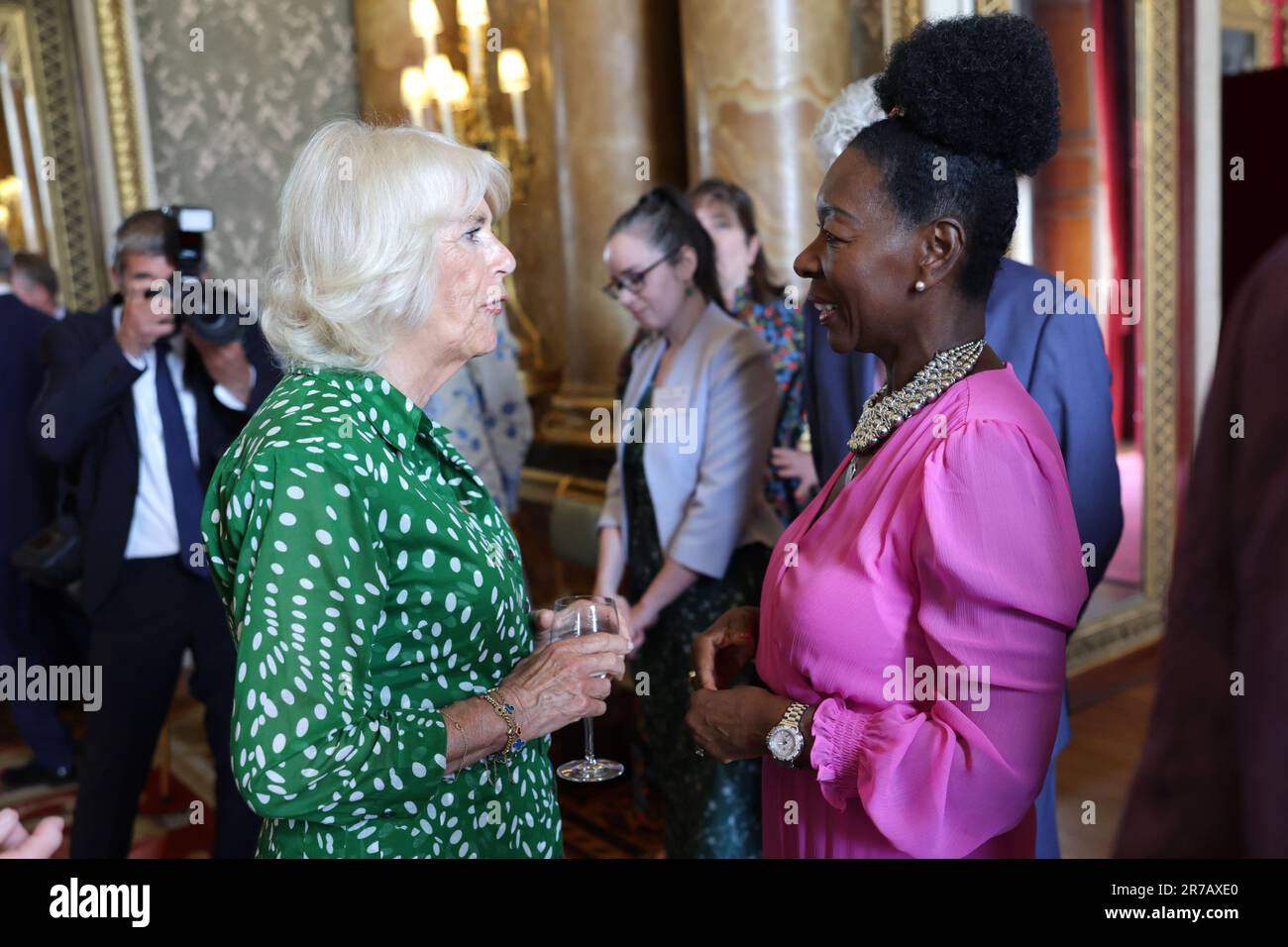 Queen Camilla speaks with Floella Benjamin during a reception at ...