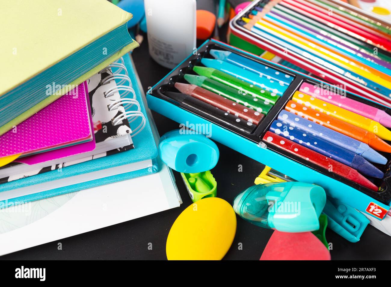 School supplies bottom border on a chalkboard background Stock Photo ...