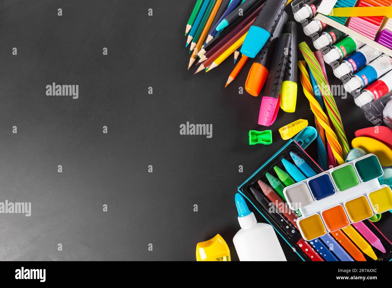 School supplies bottom border on a chalkboard background Stock Photo ...