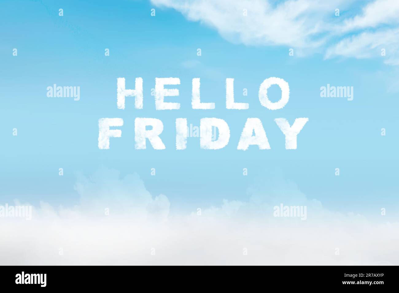 Cloud in the sky with a Hello Friday text. Happy Friday concept Stock ...