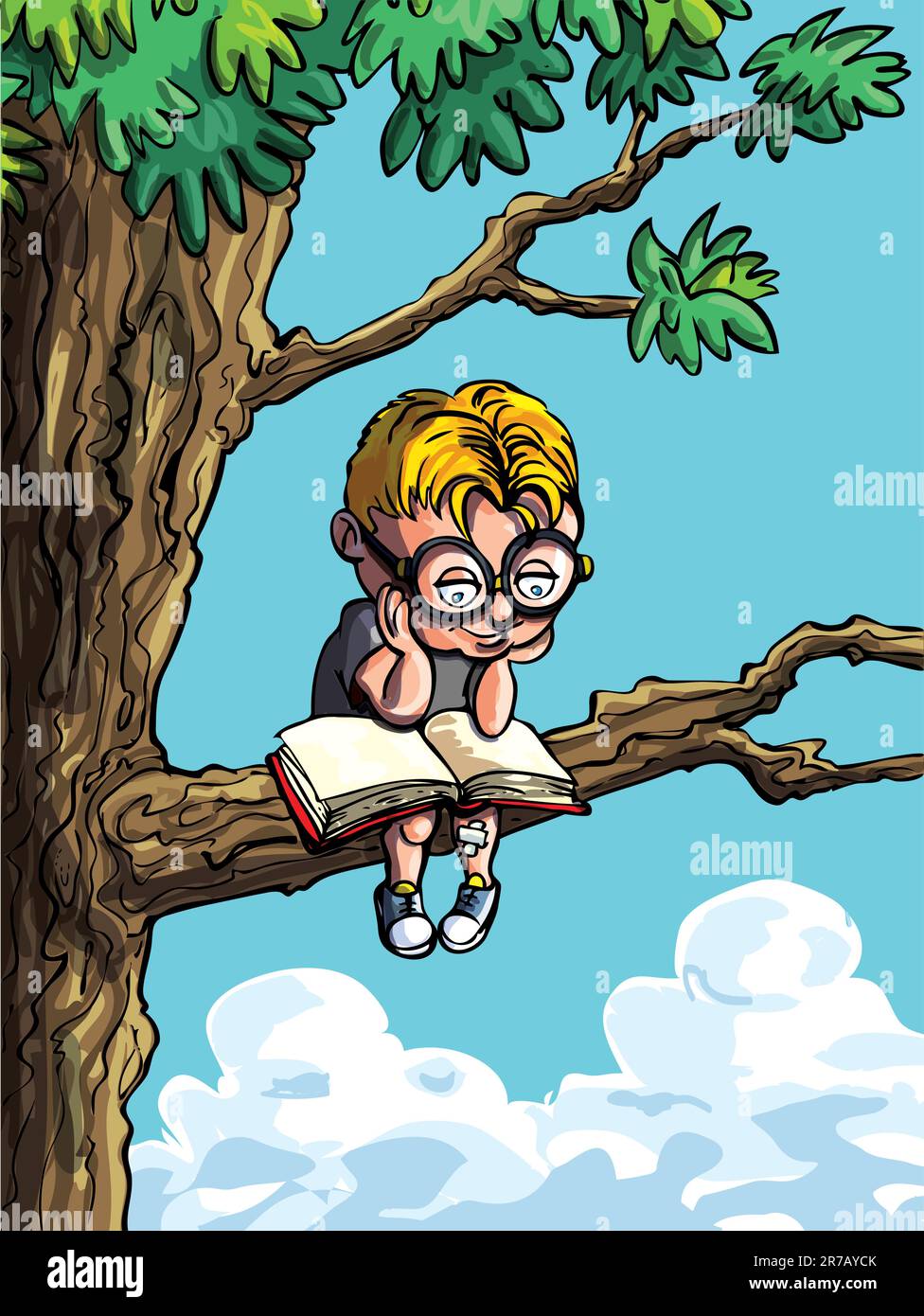 Cartoon of little boy in a tree. He is reading a book Stock Vector ...